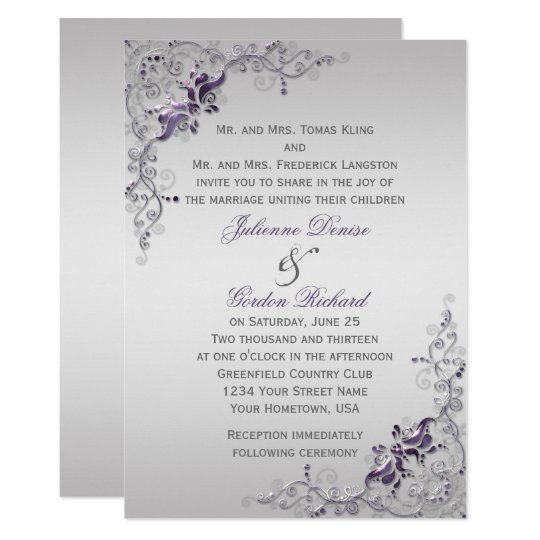 Ornate Purple Silver Floral Swirls Weddings Invitation | Zazzle.com