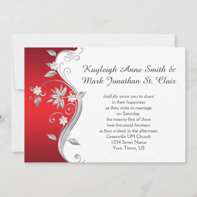 Ornate Red and Silver Floral Swirls Wedding Invitation | Zazzle
