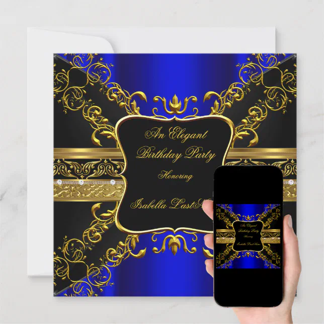 Ornate Royal Blue Black Gold Birthday Party Invitation Zazzle