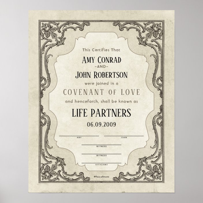 Ornate Scroll Border Wedding Certificate Poster | Zazzle.com