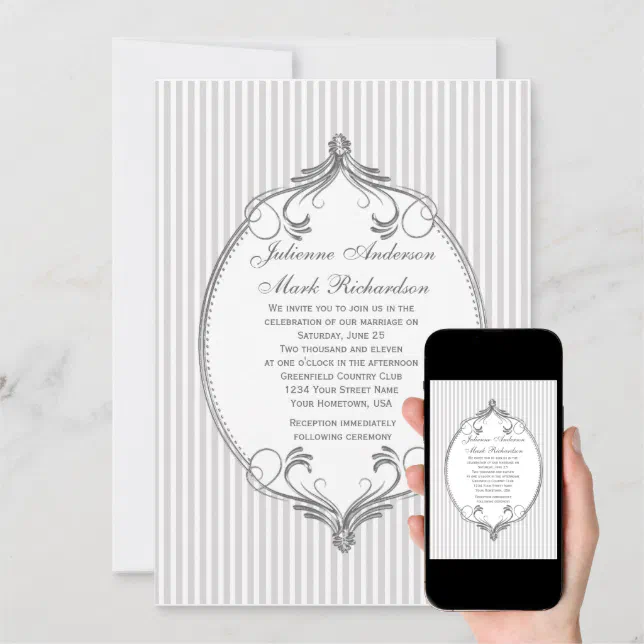 Ornate Silver Frame Light Gray Stripes Wedding Invitation | Zazzle