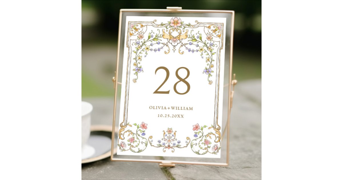 Ornate Vintage Frame Bohemian Flowers Wedding Table Number | Zazzle