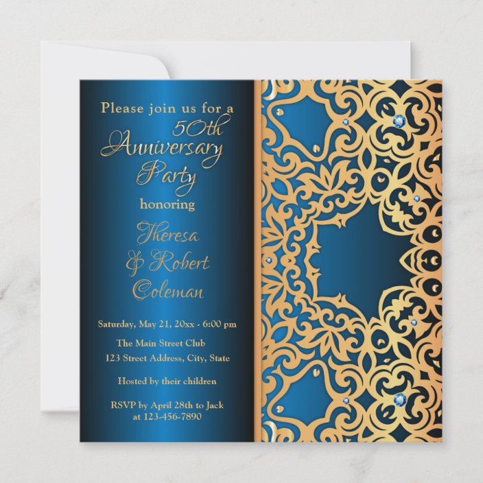 Ornate Vintage Gold And Blue Jeweled Anniversary Invitation | Zazzle.com