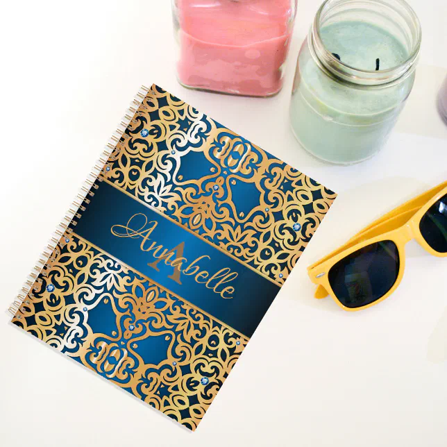 Ornate Vintage Shiny Gold And Blue Jeweled Custom Planner | Zazzle
