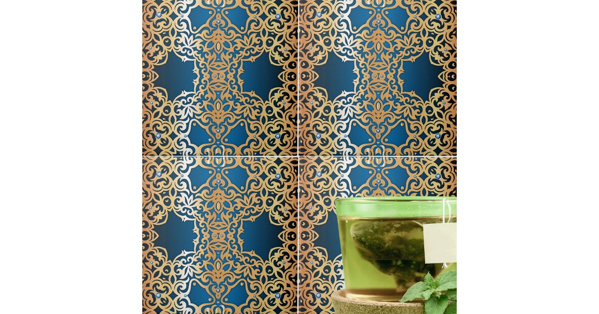 Ornate Vintage Shiny Gold And Blue Jeweled Pattern Ceramic Tile | Zazzle