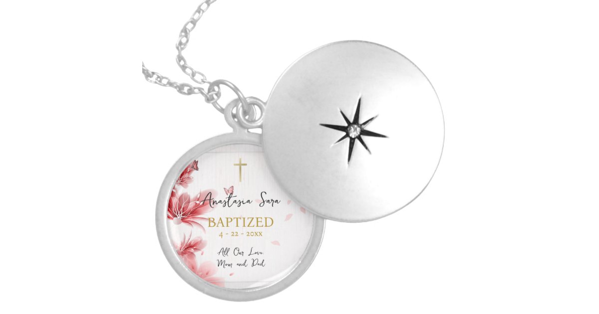 Orthodox Christian Baptism Red Flowers Butterflies Locket Necklace | Zazzle