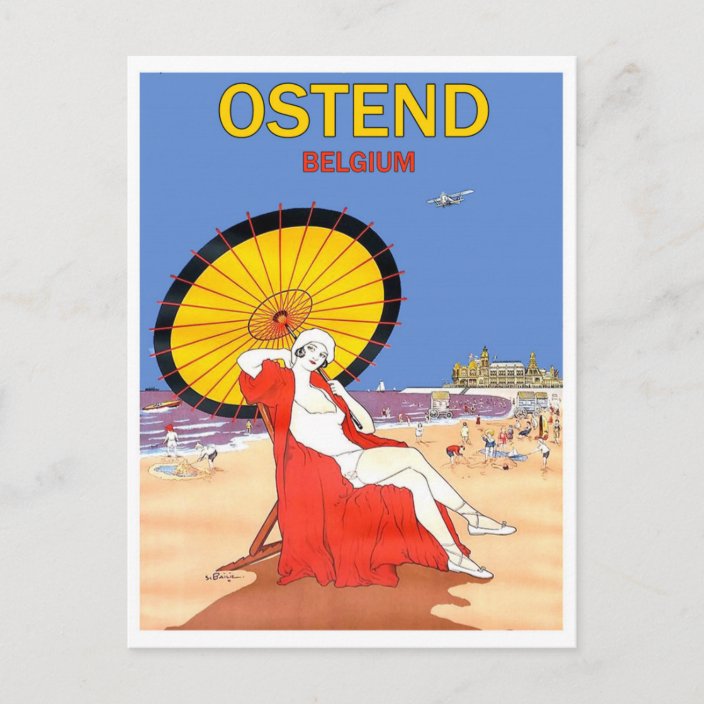Ostend, Belgium, woman on the beach with sunshade Postcard | Zazzle.com