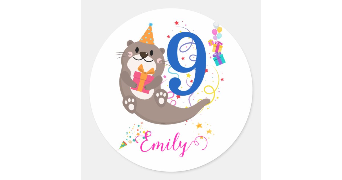 Otter Birthday Girl Party Colorful Balloons Theme Classic Round Sticker ...