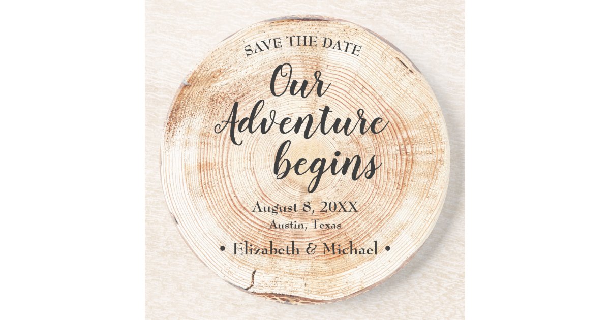 Our Adventure Begins Rustic Wood Grain Print Coaster | Zazzle
