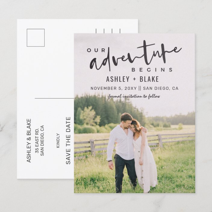 Our Adventure Begins Script Photo Save the Date Announcement Postcard ...
