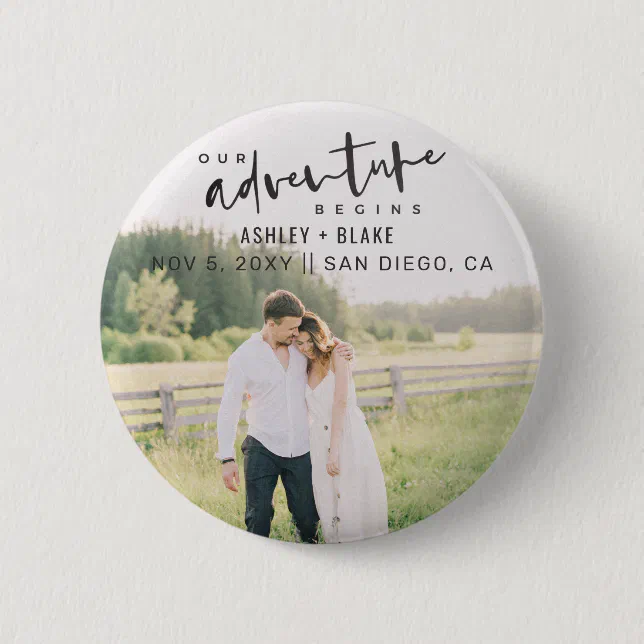 Our Adventure Begins Script Photo Save the Date Button | Zazzle
