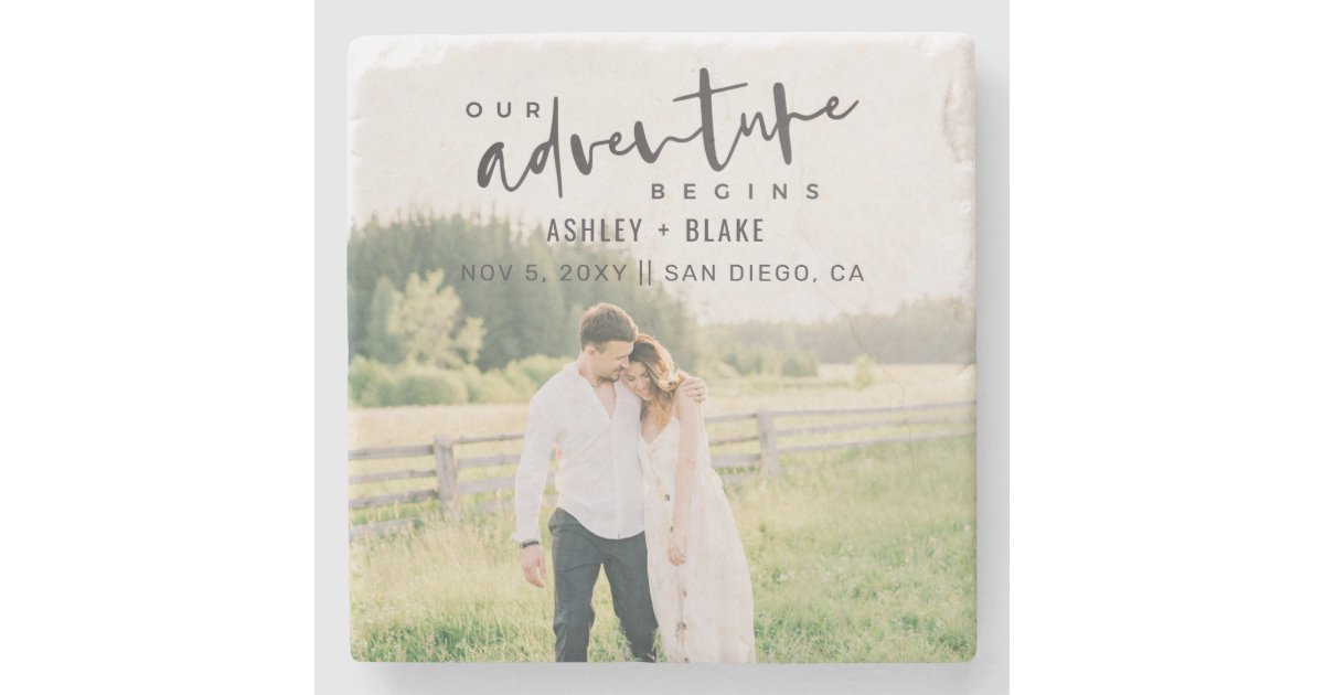 Our Adventure Begins Script Photo Save the Date Stone Coaster | Zazzle