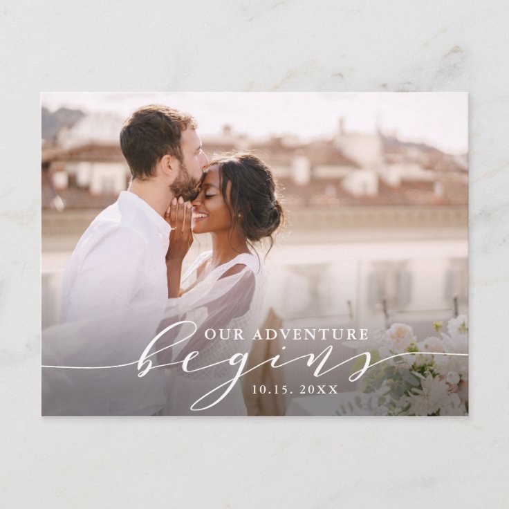 Our Adventure Begins | Wedding Photo Save The Date Postcard | Zazzle