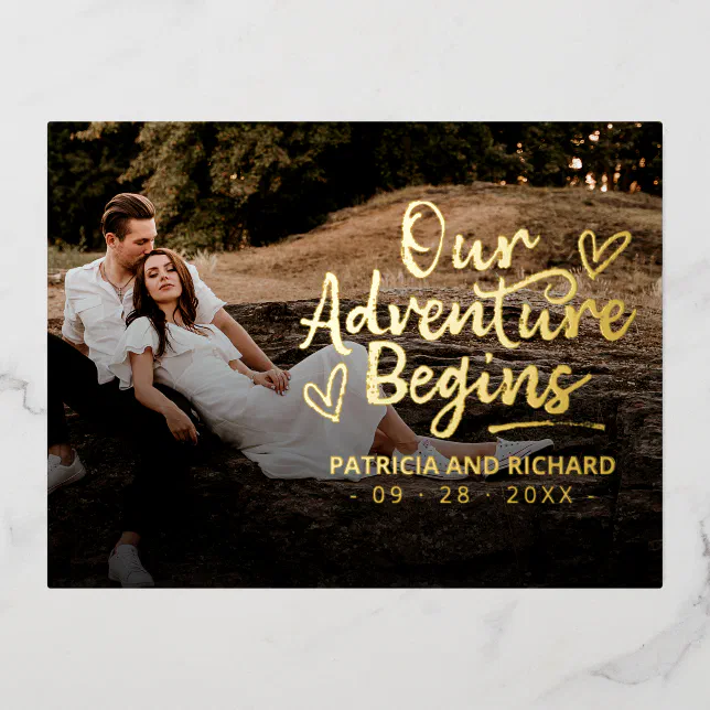Our Adventure Begins Wedding Save The Date Photo Foil Holiday Postcard ...