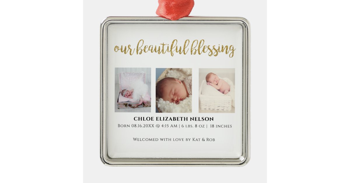 Our Beautiful Blessing 3 Photo Gold Glitter Modern Metal Ornament | Zazzle