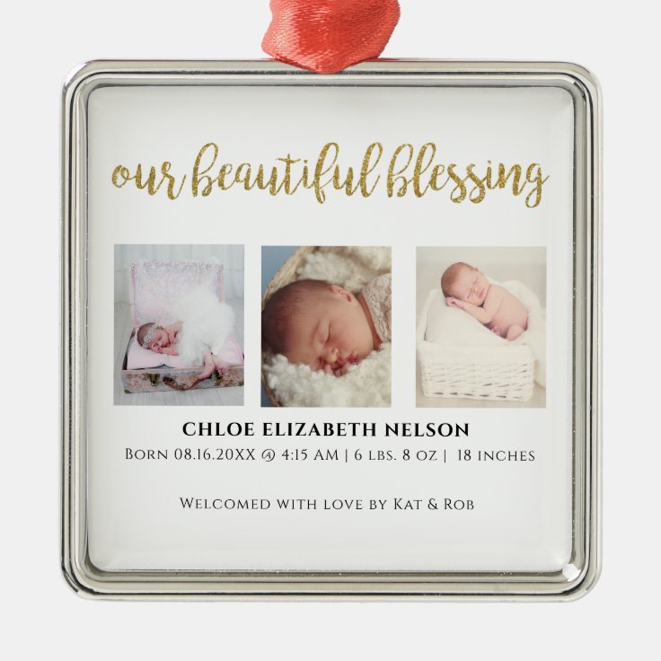 Our Beautiful Blessing 3 Photo Gold Glitter Modern Metal Ornament | Zazzle