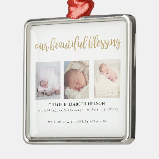 Our Beautiful Blessing 3 Photo Gold Glitter Modern Metal Ornament | Zazzle
