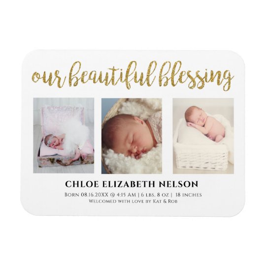 Our Beautiful Blessing 3 Photo Gold Glitter Simple Magnet | Zazzle.com