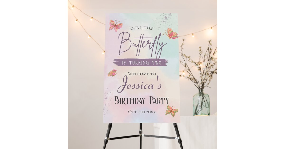 Our butterfly is turning two: birthday welcome foam board | Zazzle