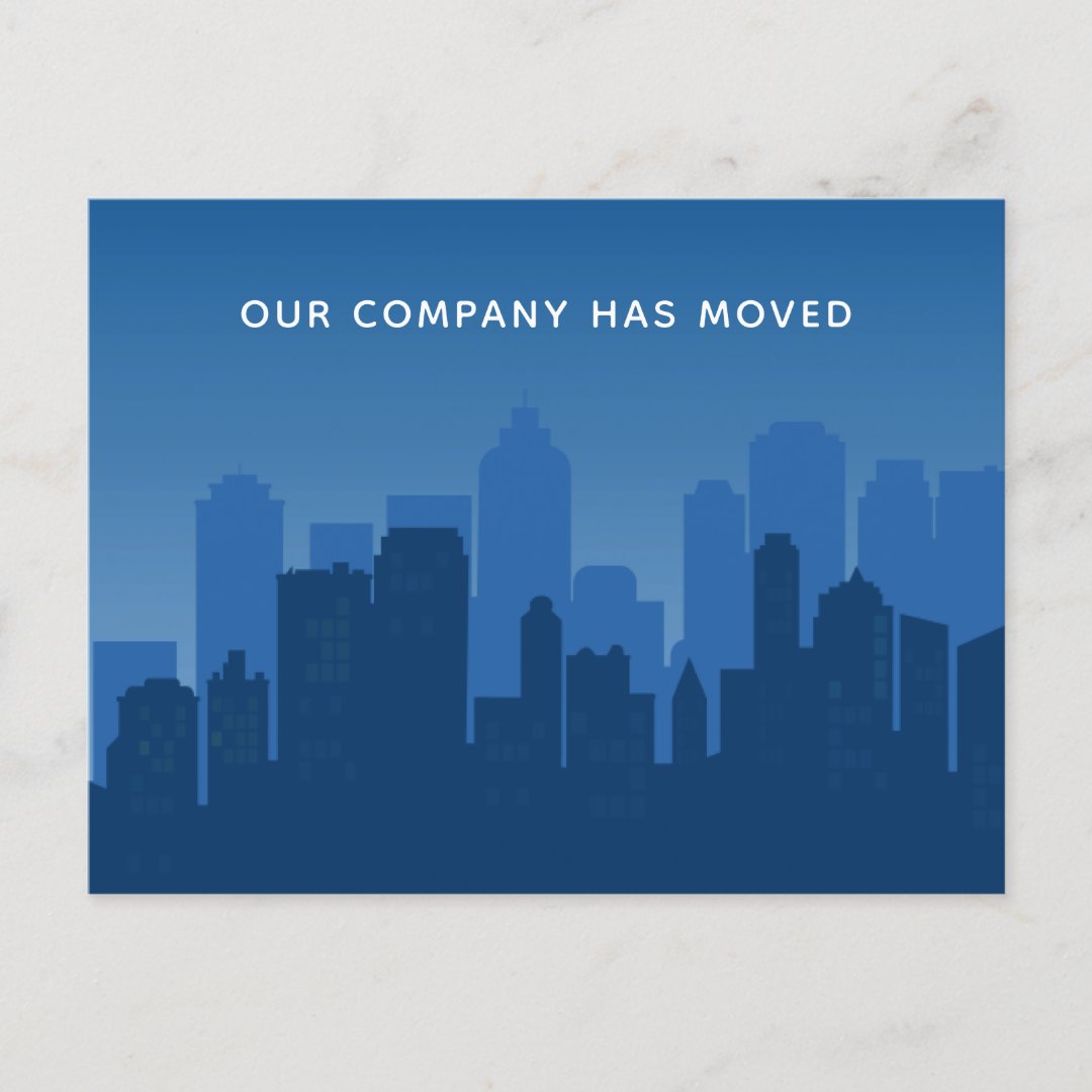 Our Company Has Moved Blue Business Skyline Moving Postcard | Zazzle