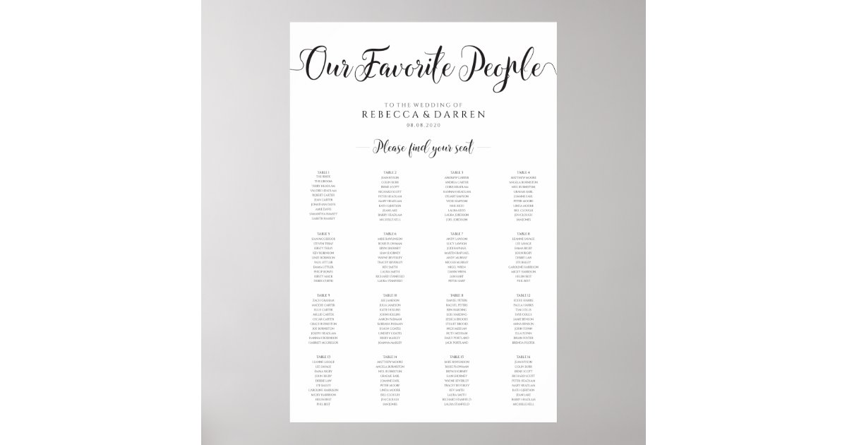 Our Favorite People 16 Table Wedding Seating Chart | Zazzle
