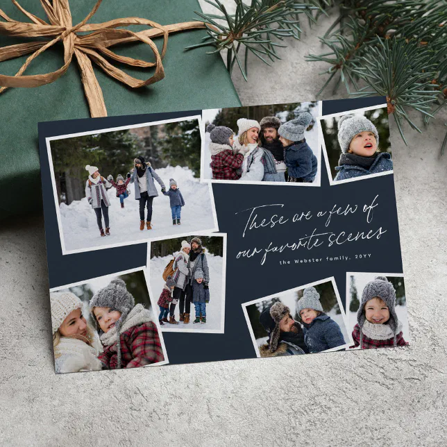 Our favorite scenes Christmas photo collage navy Holiday Card | Zazzle