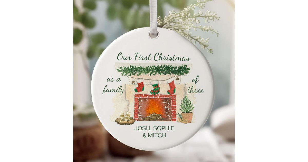 Our First Christmas as Family of 3 Cozy Stockings Ceramic Ornament | Zazzle