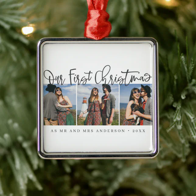 Our First Christmas As Mr Mrs Simple Chic Photo Metal Ornament | Zazzle
