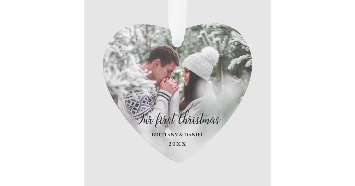 Our First Christmas Couple Photo Heart Ornament | Zazzle