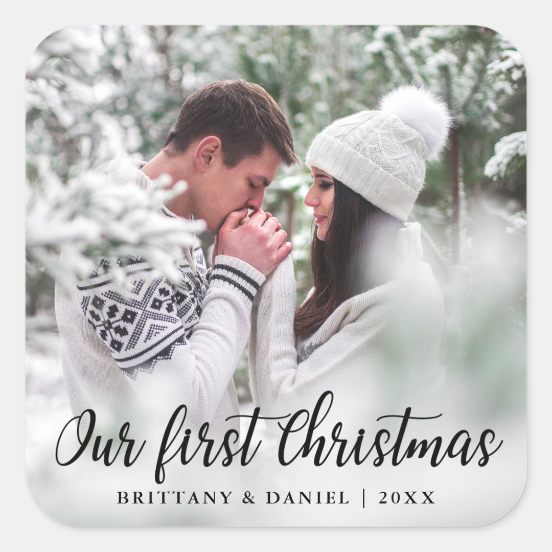 Our First Christmas Couple Photo Large Square Sticker | Zazzle