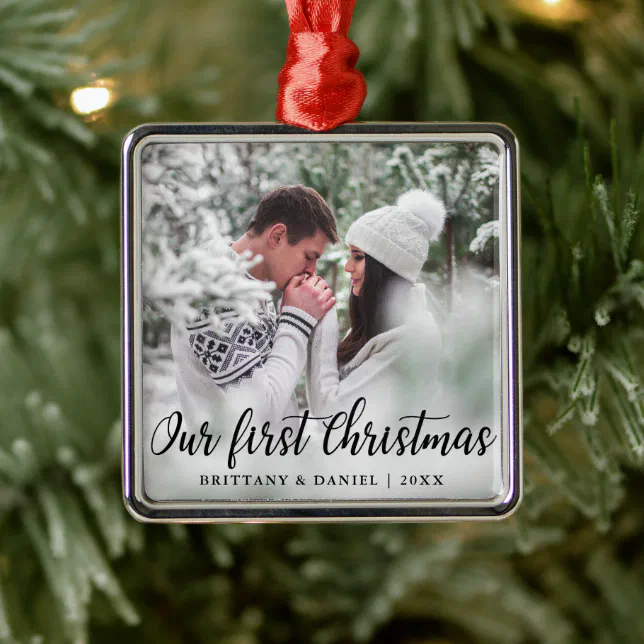 Our First Christmas Couple Photo Metal Ornament | Zazzle