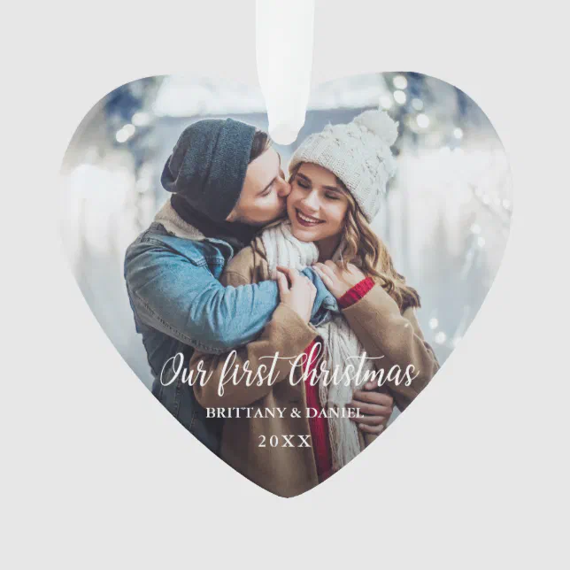 Our First Christmas Couple Photo Red Heart Ornament | Zazzle