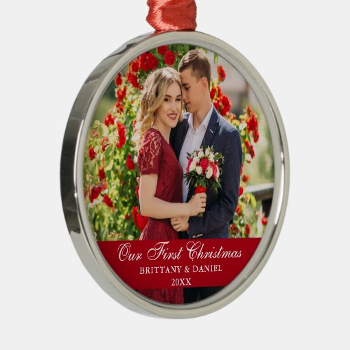 Our First Christmas Couple Photo Red Metal Ornament | Zazzle