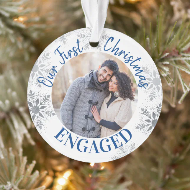 Our First Christmas Engaged Blue and Silver Photo Ornament | Zazzle