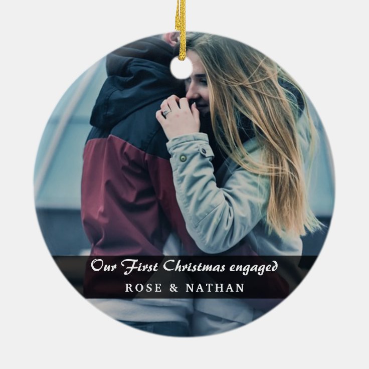 Our First Christmas Engaged Couple Photo Ceramic Ornament | Zazzle