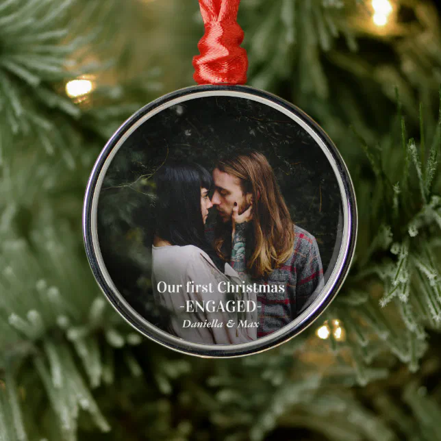 Our First Christmas Engaged Couple Photo Metal Ornament | Zazzle