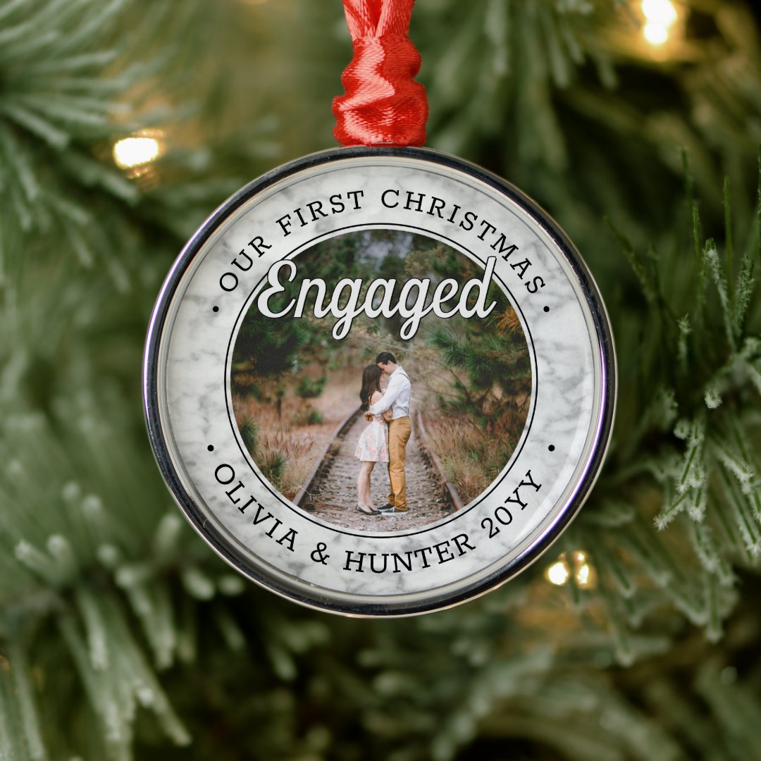 Our First Christmas Engaged Faux Marble Photo Metal Ornament | Zazzle