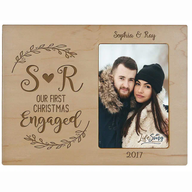 Our First Christmas Engaged Maple Photo Frame | Zazzle