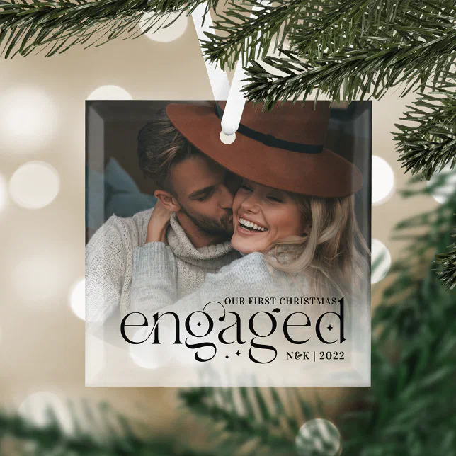 Our First Christmas Engaged Personalized Photo Glass Ornament | Zazzle