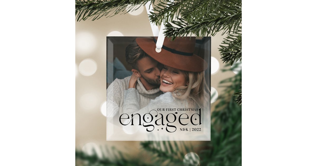 Our First Christmas Engaged Personalized Photo Glass Ornament | Zazzle