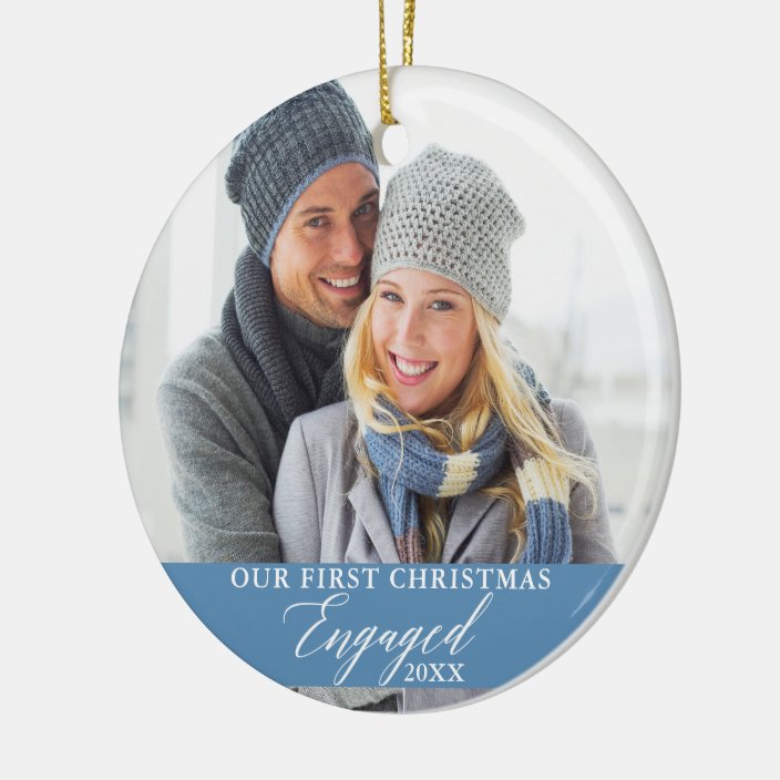 Our First Christmas Engaged Photo Light Blue Ceramic Ornament | Zazzle