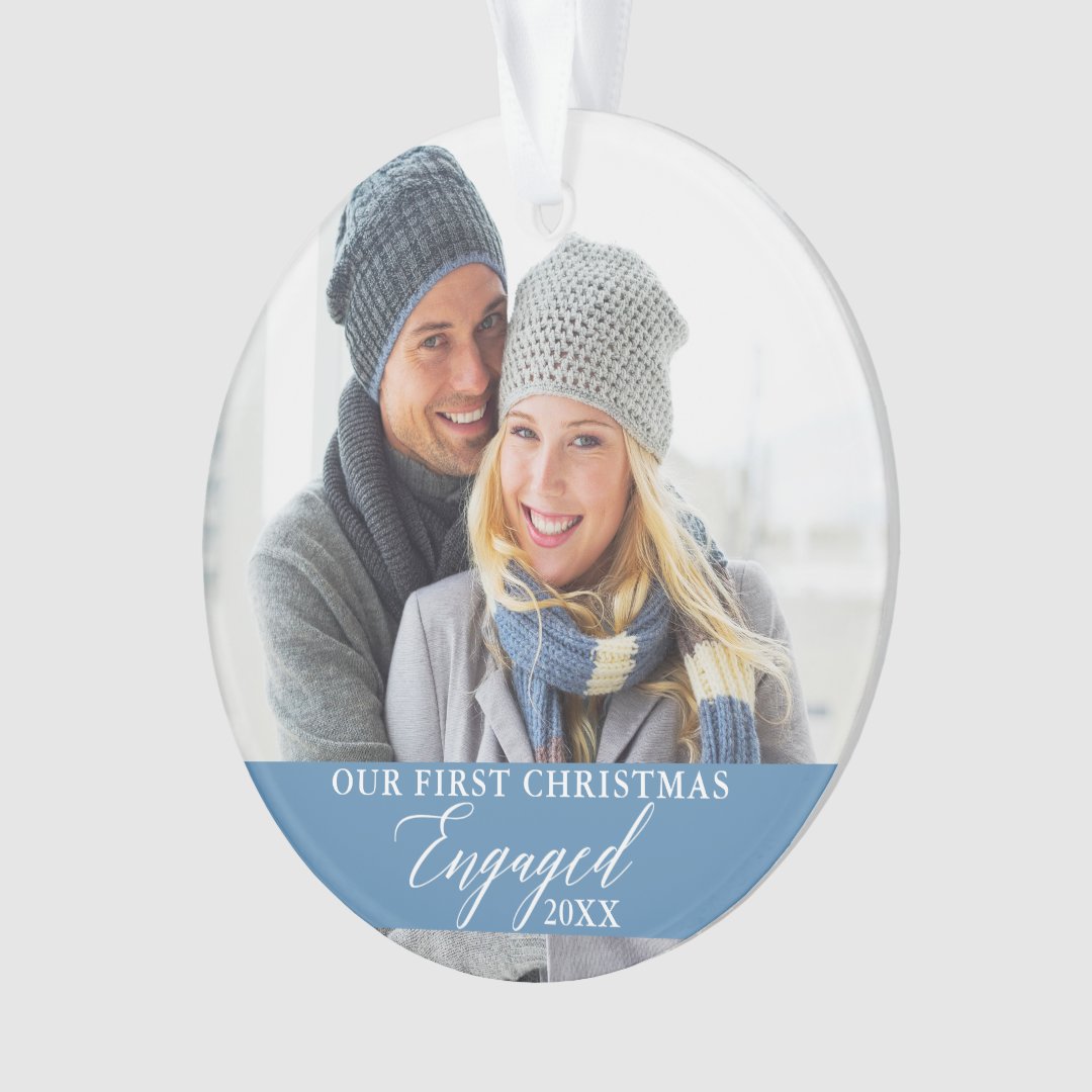 Our First Christmas Engaged Photo Light Blue Ornament | Zazzle