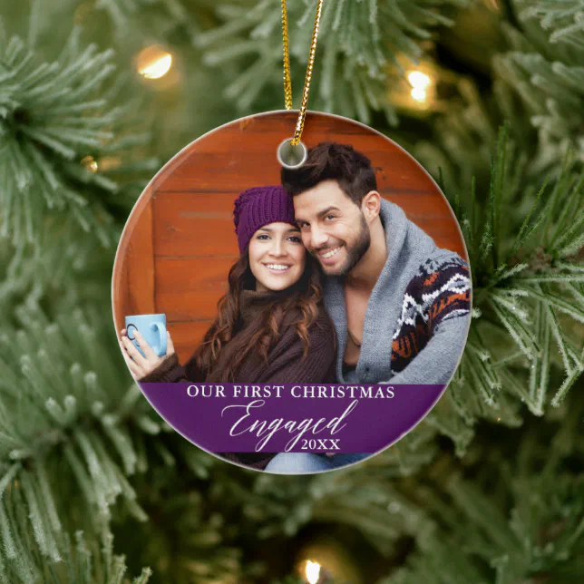 Our First Christmas Engaged Photo Purple Ceramic Ornament | Zazzle