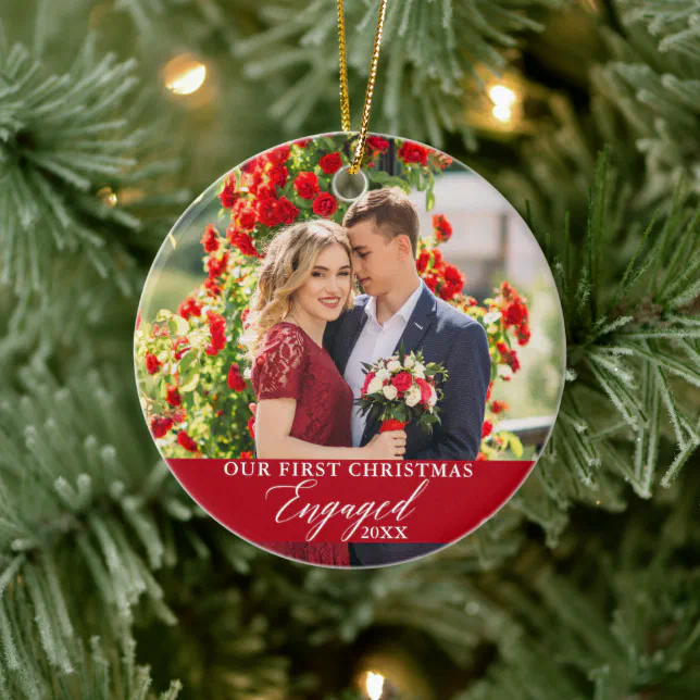 Our First Christmas Engaged Photo Red Ceramic Ornament | Zazzle