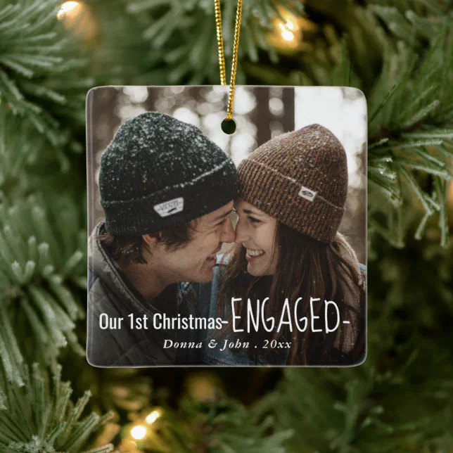 Our First Christmas Engaged Script Elegant Photo Ceramic Ornament | Zazzle
