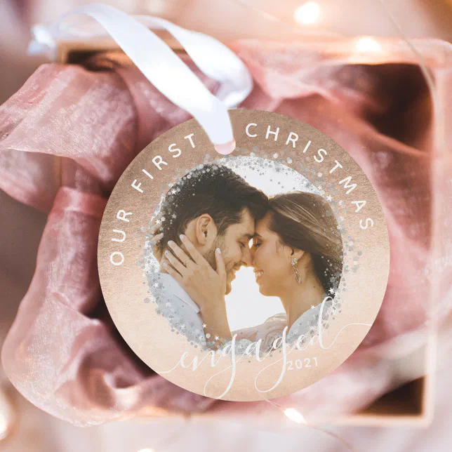 Our First Christmas Engaged Script Gold Two Photo Ornament | Zazzle