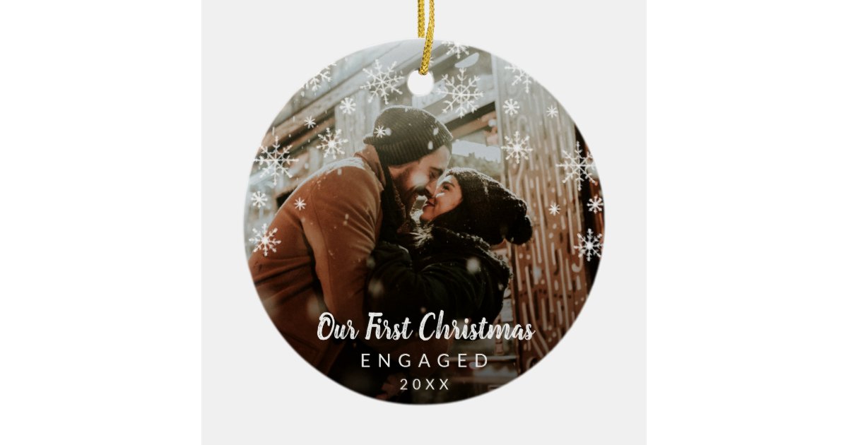 Our First Christmas Engaged Snowflakes Photo Ceramic Ornament | Zazzle