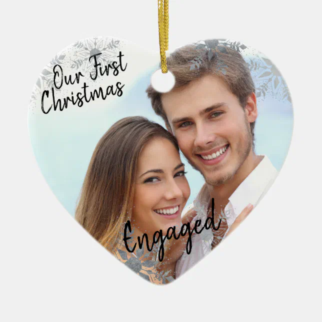 Our First Christmas Engaged w. Your Photo - Heart Ceramic Ornament | Zazzle