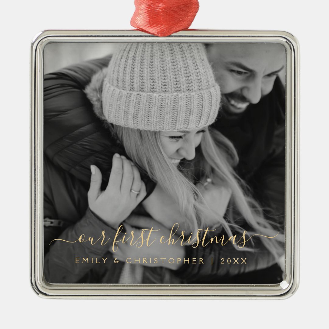 Our First Christmas Hand Lettered Photo Template Metal Ornament | Zazzle
