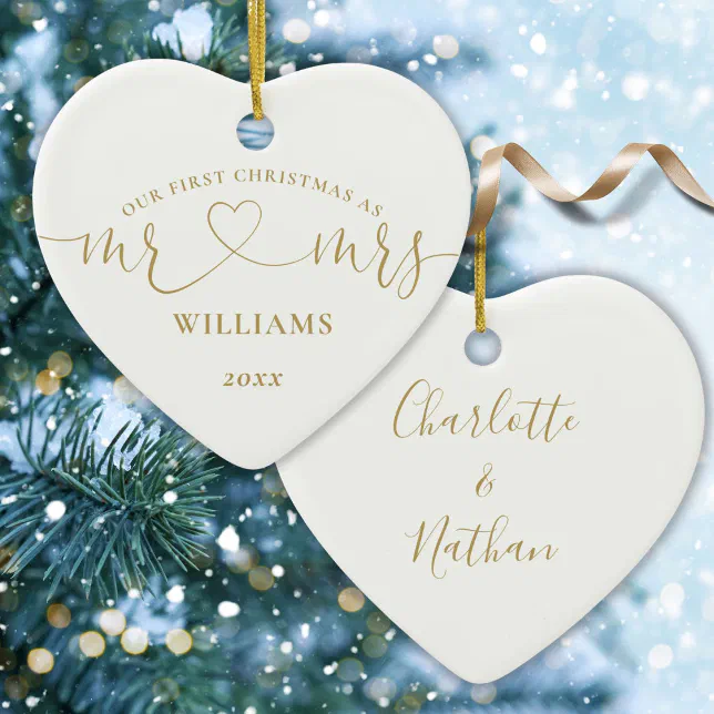 Our First Christmas Mr Mrs Gold Love Heart Script Ceramic Ornament | Zazzle